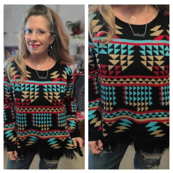 Mo:Vint | Sweaters | Movint Black Geometric Pattern Soft Fringed Henry ...